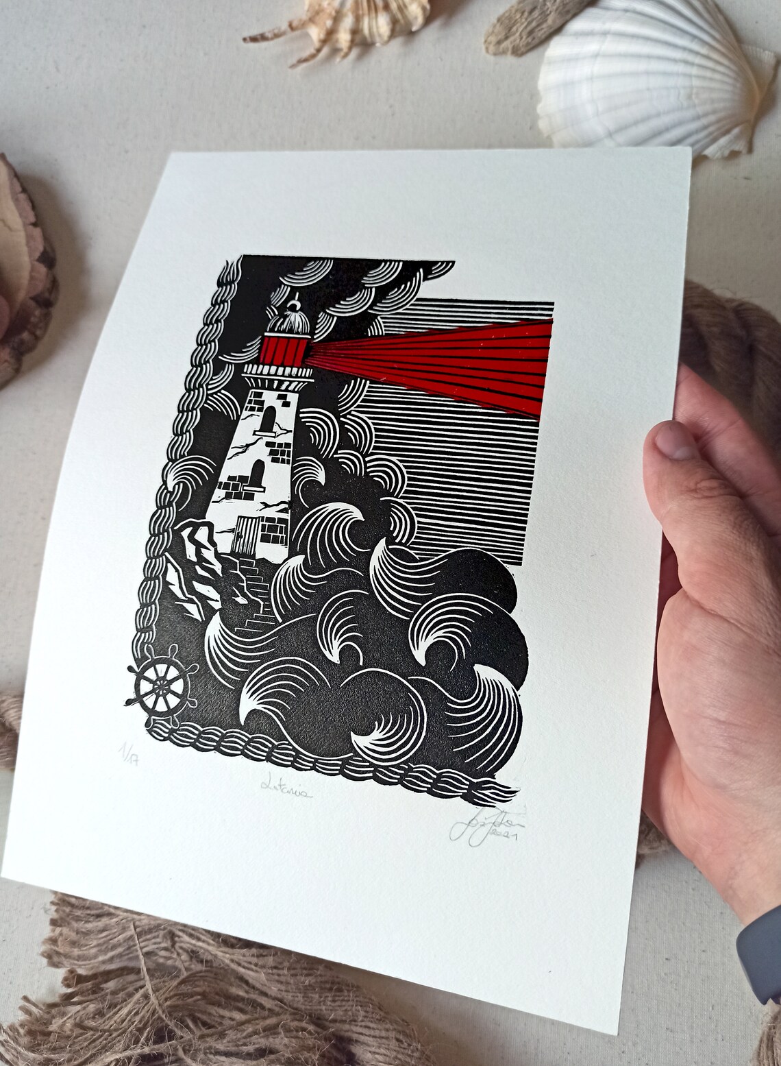 Original linocut LIGHTHOUSE hand printed nautical linoprint | Etsy