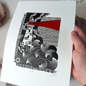 Original Linocut LIGHTHOUSE, Hand Printed Nautical Linoprint, Lino ...