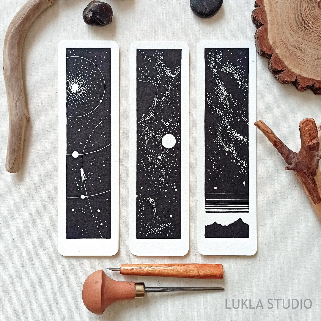 Unique Linocut Cosmic Bookmark, Unique Sci-fi Astronautics Hand Printed Bookmarks for Book Lover ...