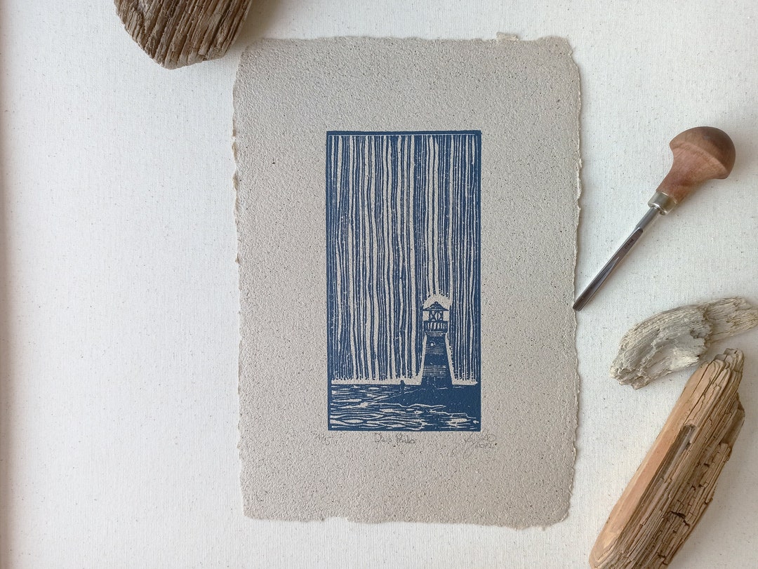 Original Linocut Artwork, Limited to 5 Hand Printed Lighthouse in Rain ...