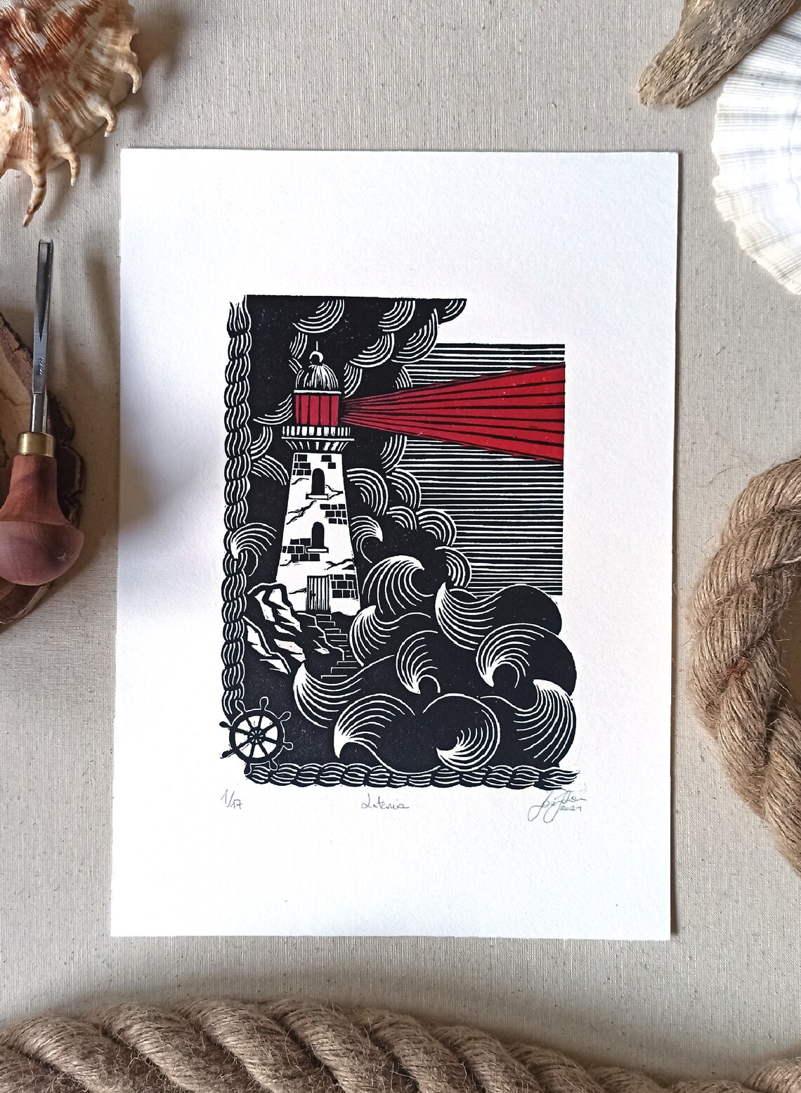 Original linocut LIGHTHOUSE hand printed nautical linoprint | Etsy