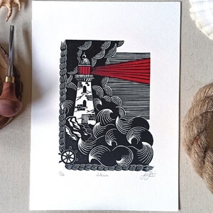 Original Linocut LIGHTHOUSE, Hand Printed Nautical Linoprint, Lino ...