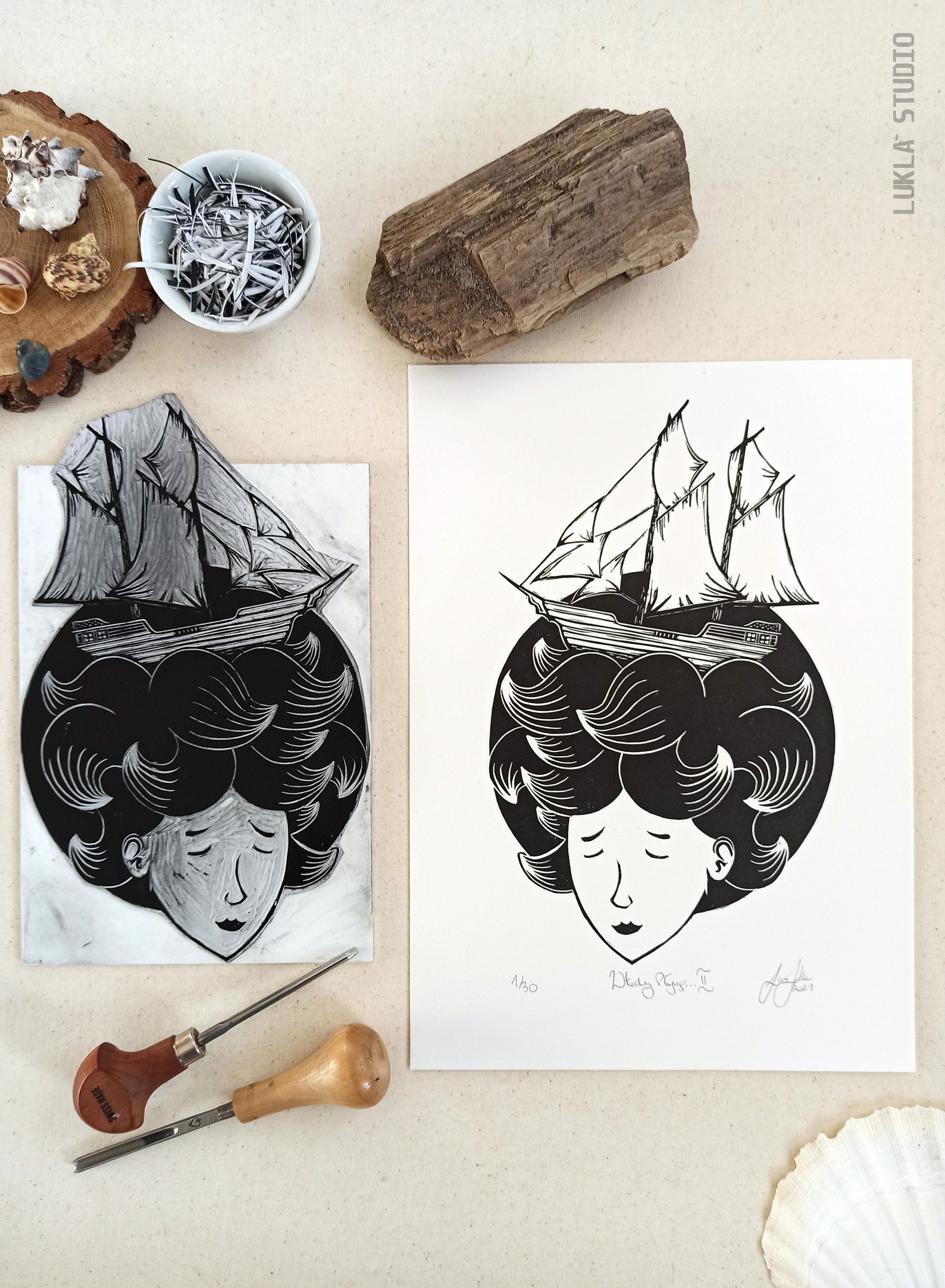 Unique Linocut Artwork Woman Nautical Portrait Hand Printed - Etsy