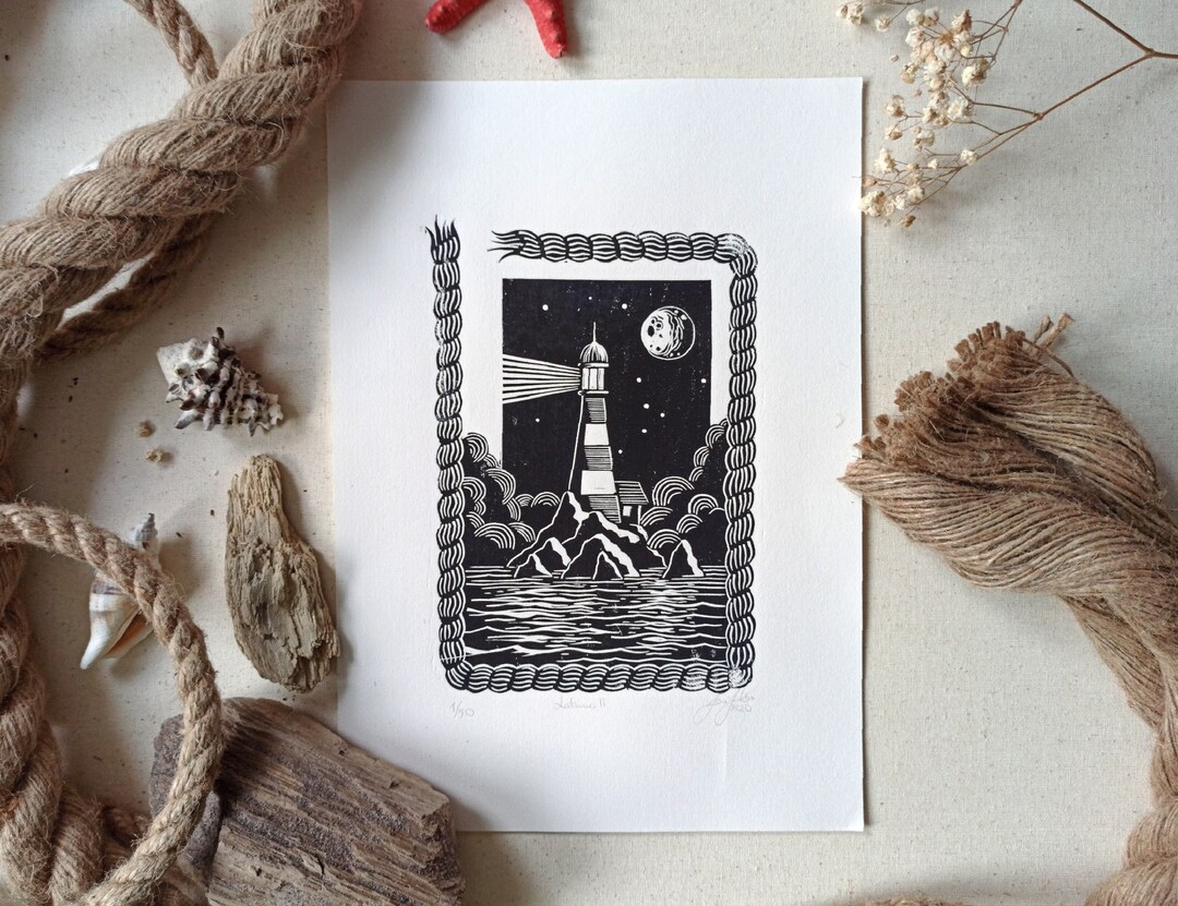 Lighthouse Linocut Print: Black Handmade Nautical Art - Etsy