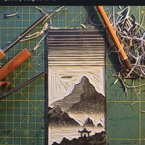 Original Linocut Mountain Artwork, Unique Carved Print, Hand Prined ...