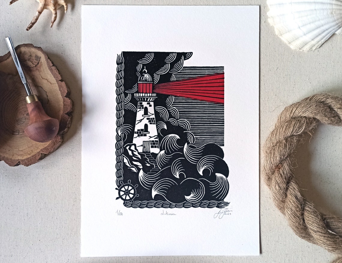 Original linocut LIGHTHOUSE hand printed nautical linoprint | Etsy