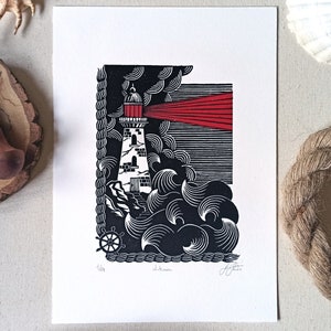 Original linocut LIGHTHOUSE hand printed nautical linoprint | Etsy