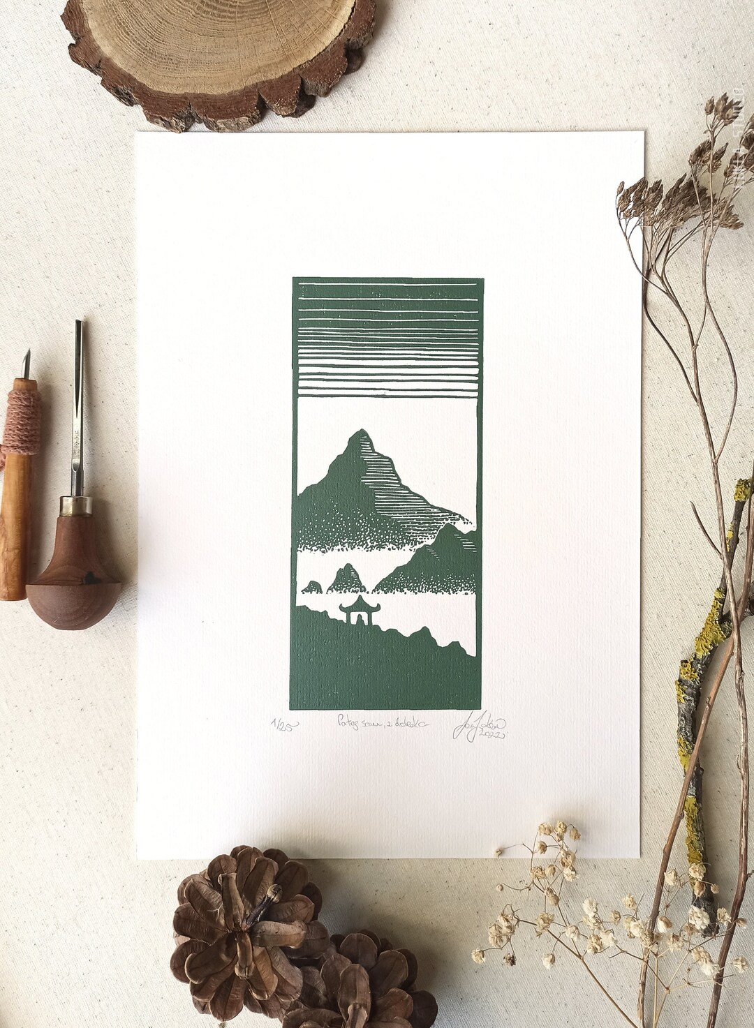 Original Linocut Mountain Artwork, Unique Carved Print, Hand Prined ...
