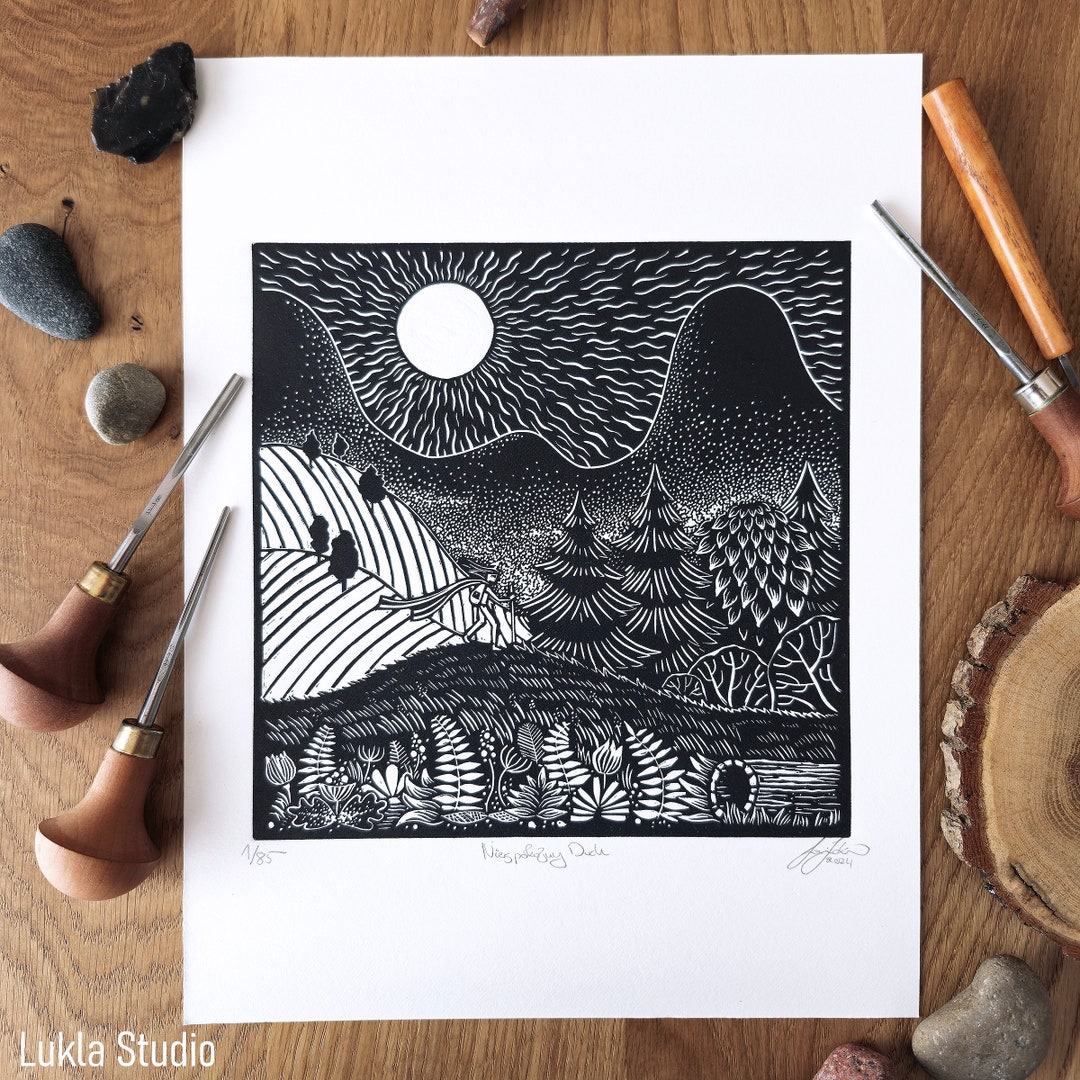 Unique Botanical Linocut Print, Forest and Nature Wandering Lovers ...