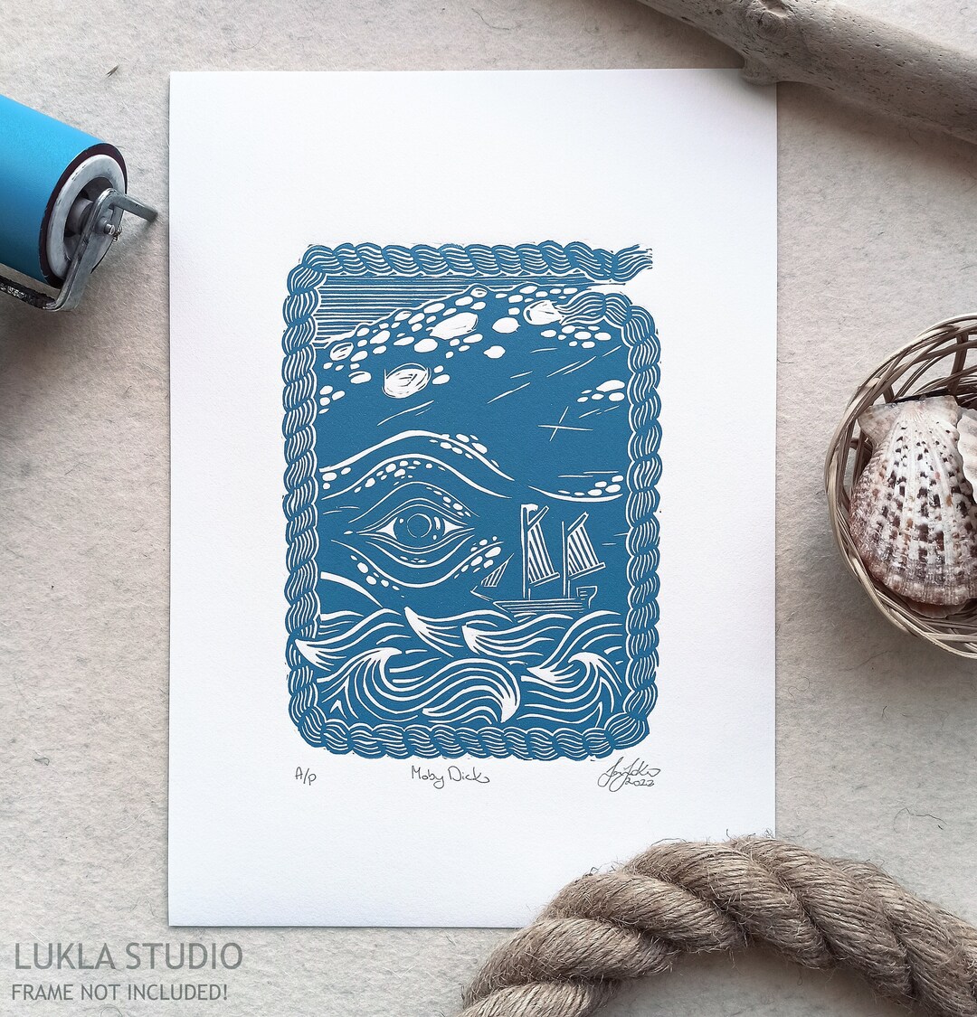 Original Moby Dick Linocut Print: Azure Blue Sea Monster Art - Etsy