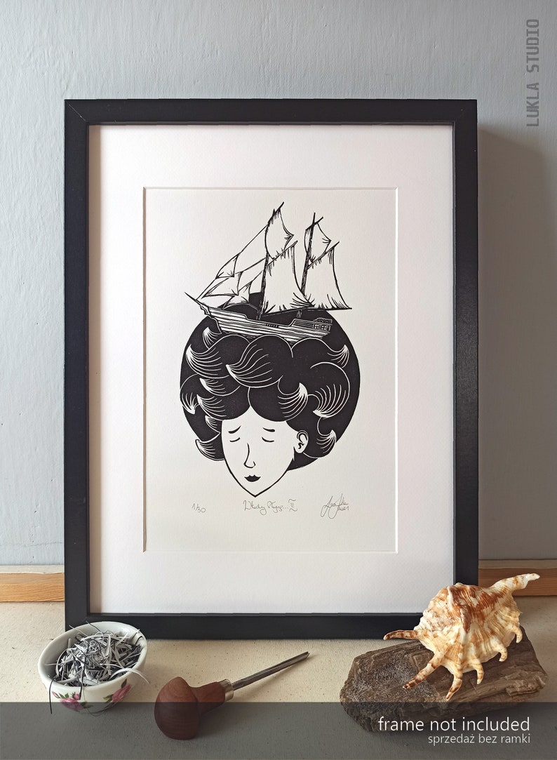 Nautical Woman Linocut Print: Sailing Ship Illustration, Sea Tales Art ...