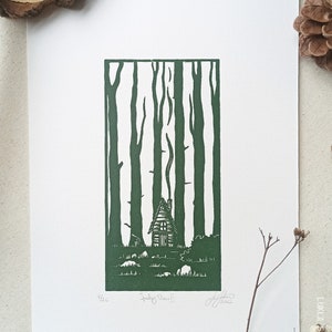 Green Forest Linocut Print: Handmade Cabin Art, Dark Woods Wall Decor ...