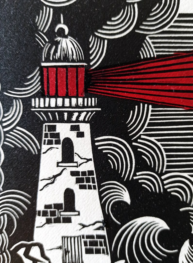 Original linocut LIGHTHOUSE hand printed nautical linoprint | Etsy