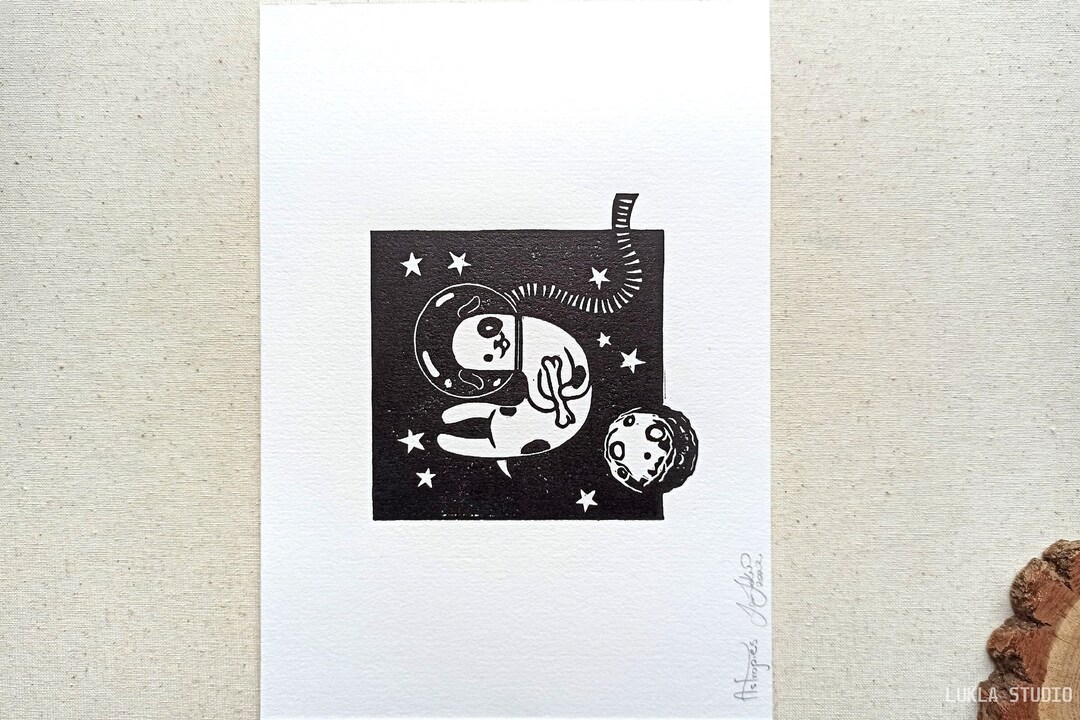 Original Linocut Space Dog, Block Print Illustration of Astro Doggo ...