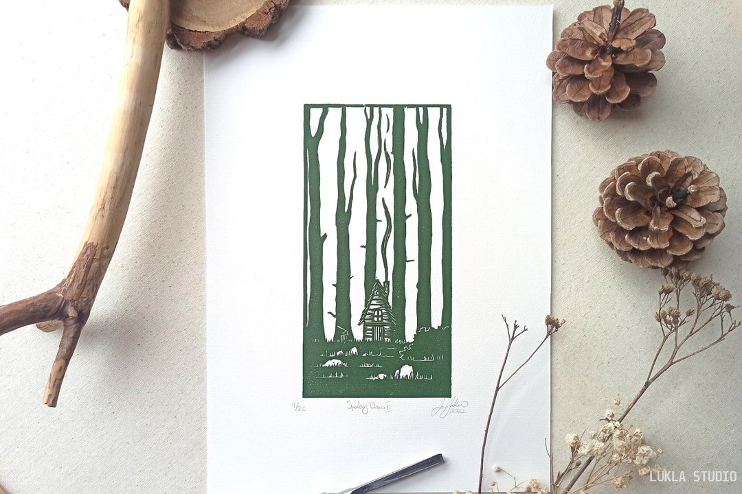 Green Forest Linocut Print: Handmade Cabin Art, Dark Woods Wall Decor ...