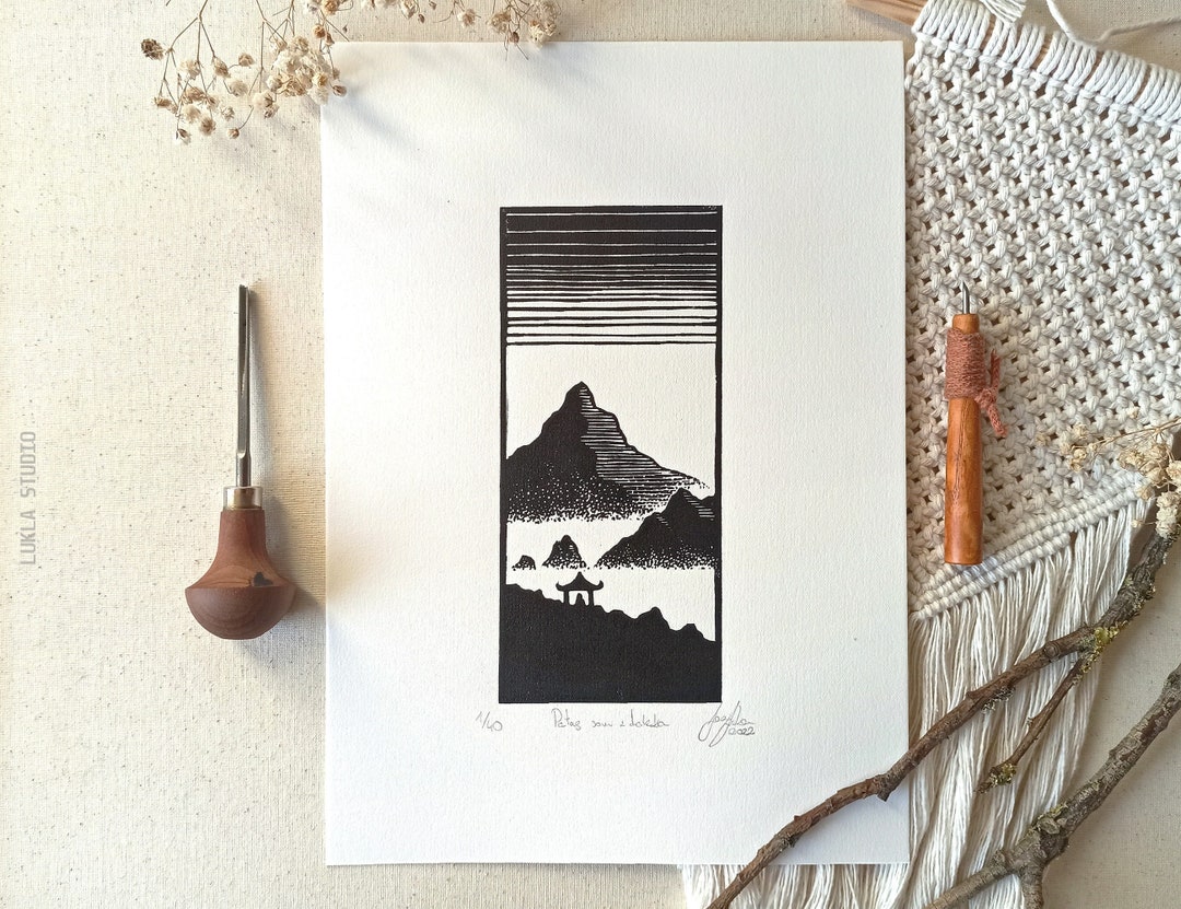 Misty Mountain Linocut Print: Hand-printed Landscape Wall Art - Etsy