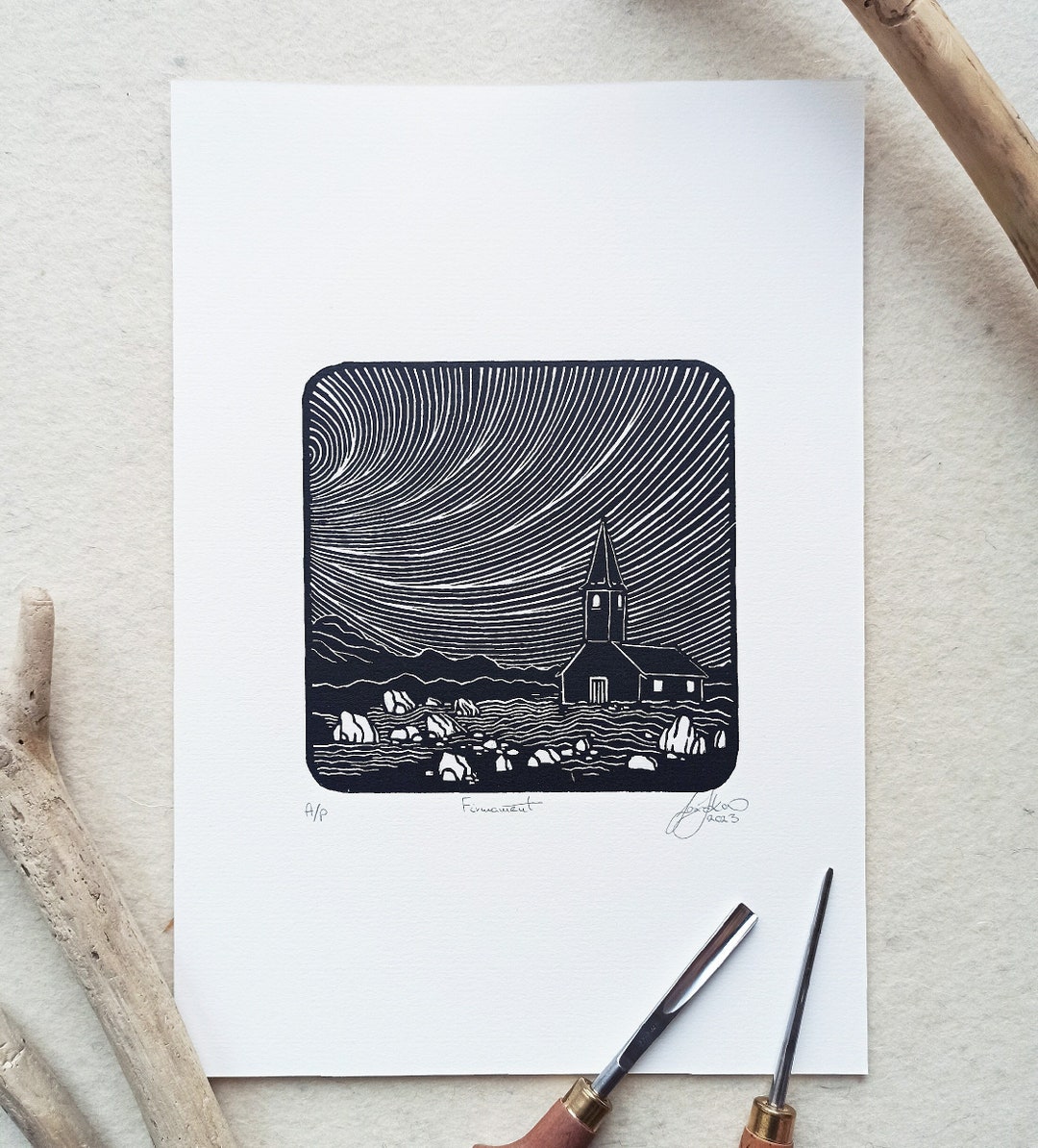 Unique Linocut Print: Sky, Mountains, Church - Hand Carved Artwork - Etsy