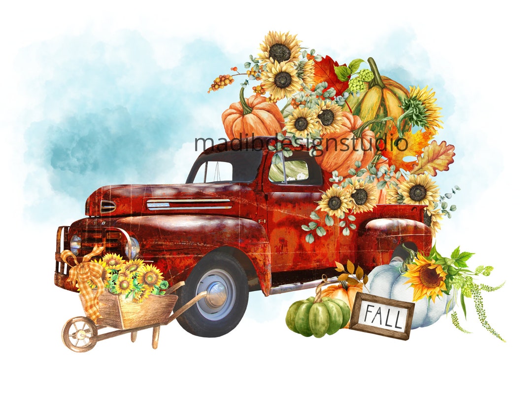 Fall Red Truck Clipart, Pumpkins and Sunflowers, Decoupage Fall, Fall ...