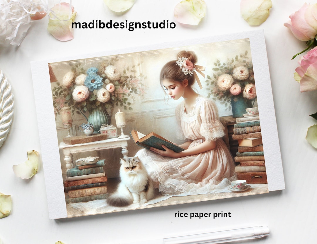 Lady Reading Rice Paper Print, Decoupage, Crafting, Scrapbooking, Birds ...