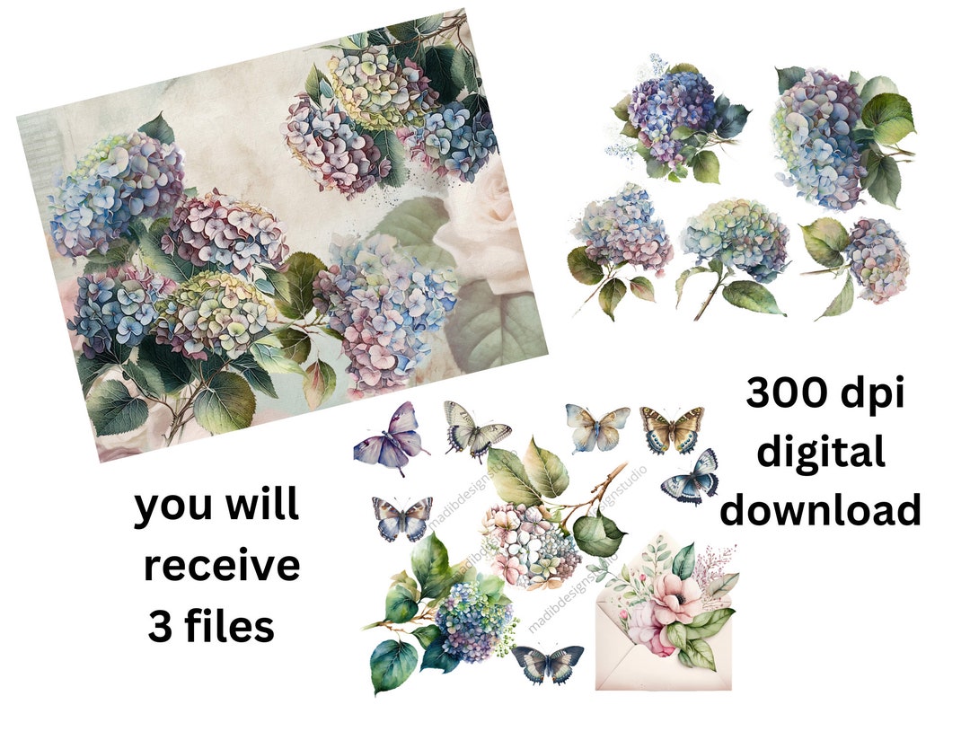 Floral Decoupage Paper Design, Hydrangea, Floral Rice Paper Design, Png ...