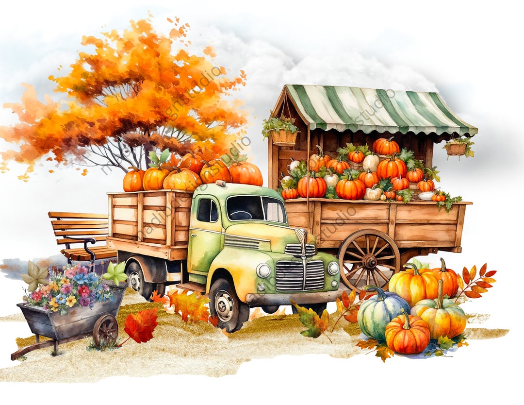 Fall Rice Paper Printable, Fall Pumpkins Png, Farm Truck, Decoupage ...