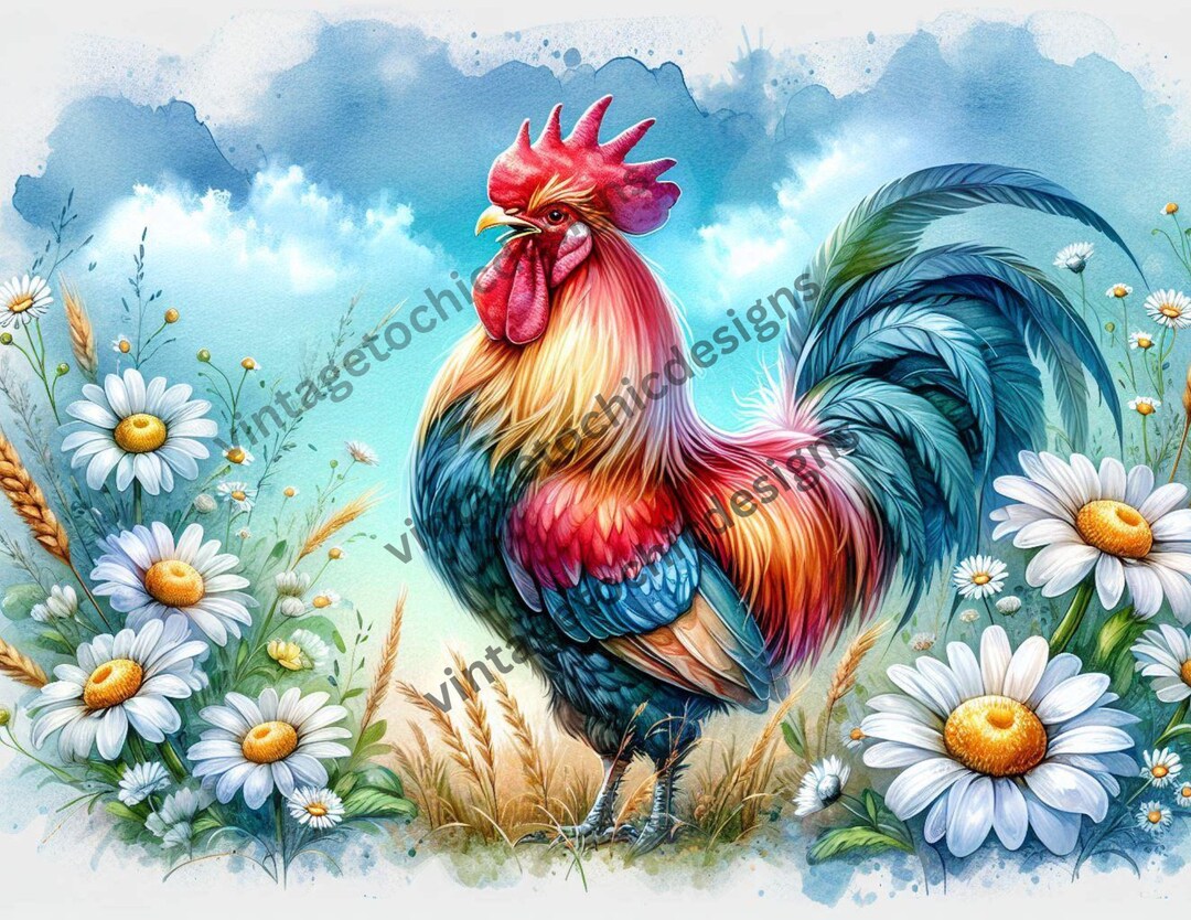 Rooster Decoupage and Daises Paper, Rice Paper, Printable, Digital ...