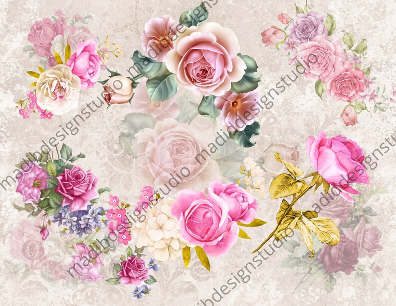 Roses Clip Art Printable Shabby Pink Roses Png Junk Art - Etsy