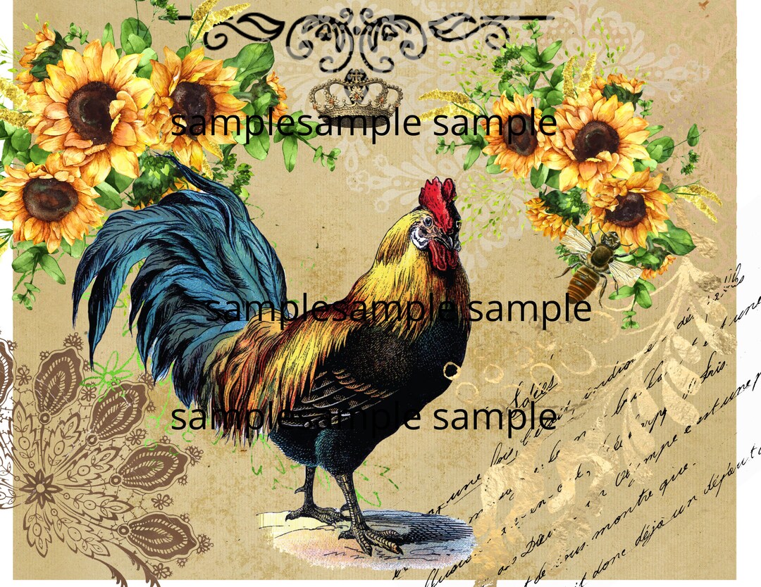 Rooster Printable for Decoupage, Rice Paper, Png Digital Design ...