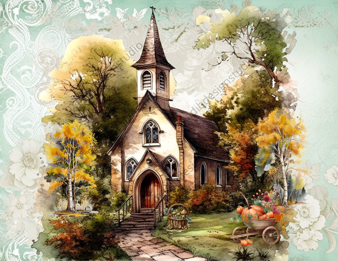 Fall Rice Paper Printable, Fall Church Png, Decoupage Paper, Autumn ...