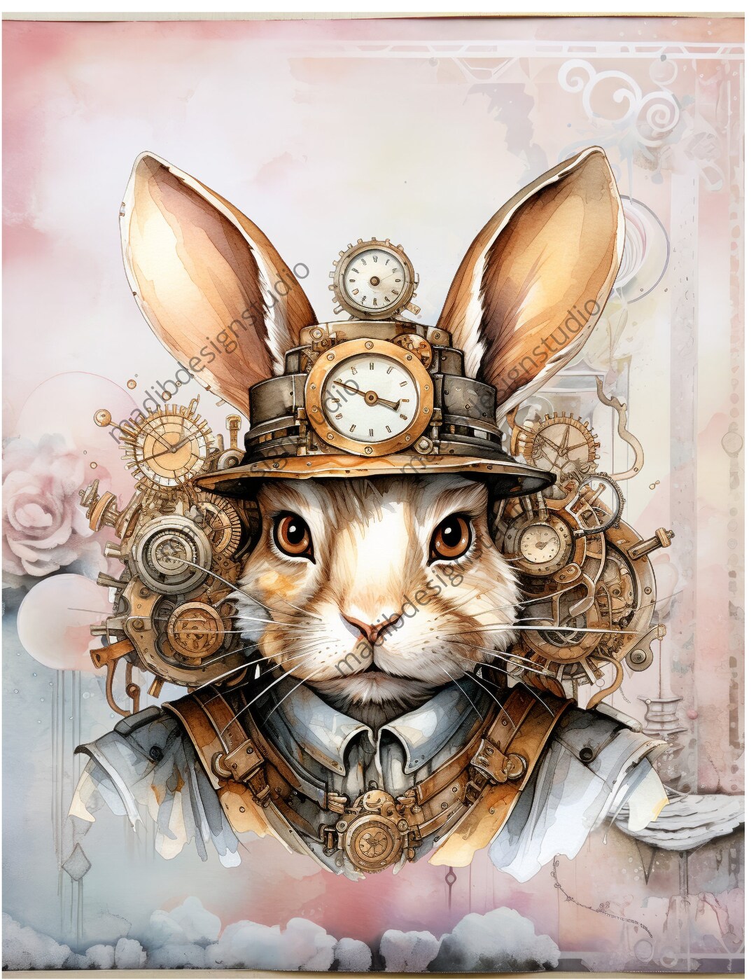 Steampunk Bunny Digital Download, Rice Paper, Easter Rabbits, Spring ...