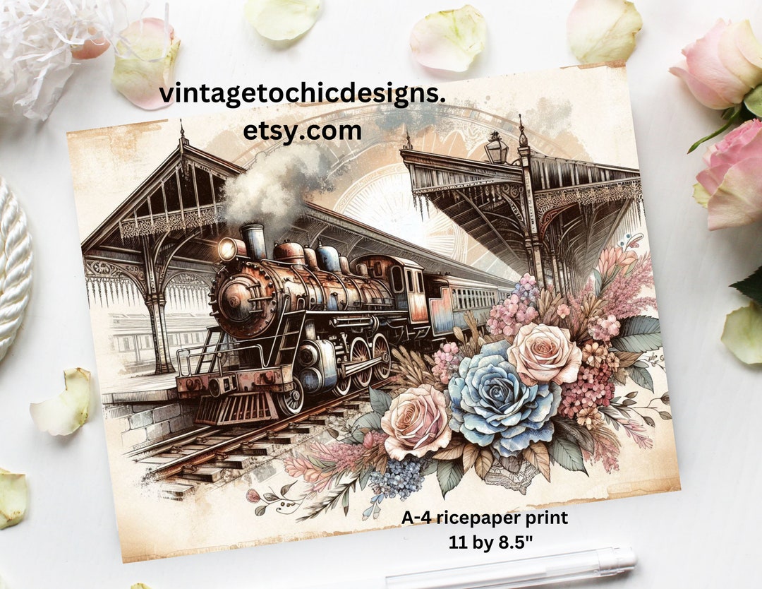 Train Design Floral Rice Paper Print, Decoupage, Crafting, Scrapbooking ...