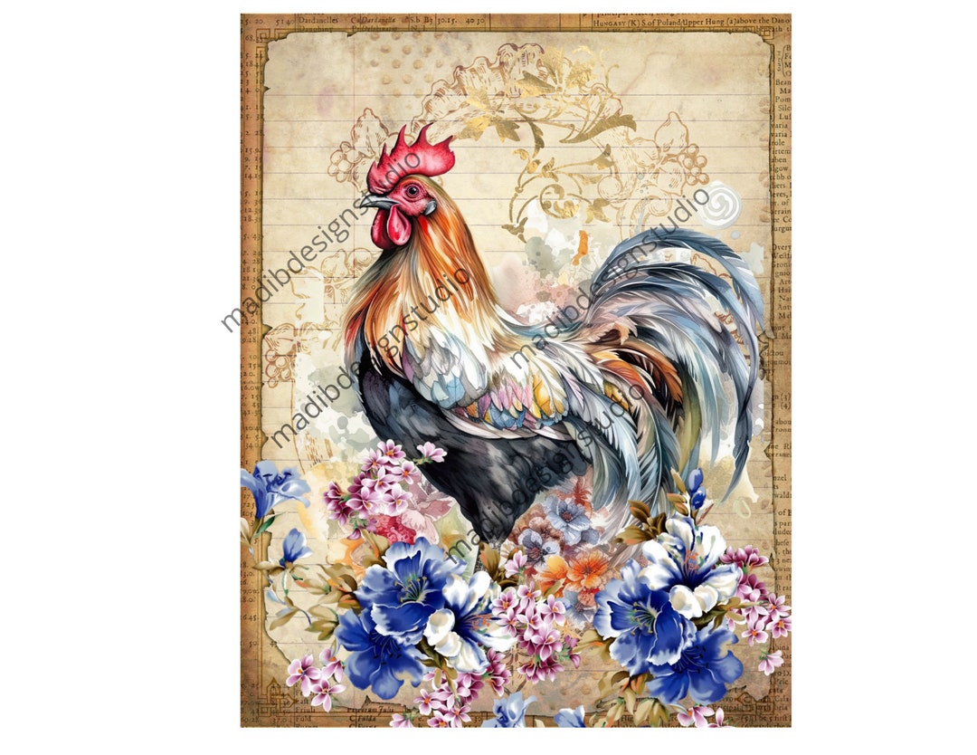 Rooster Rice Paper Printable, Chickens, Roosters Farm Animals Png ...
