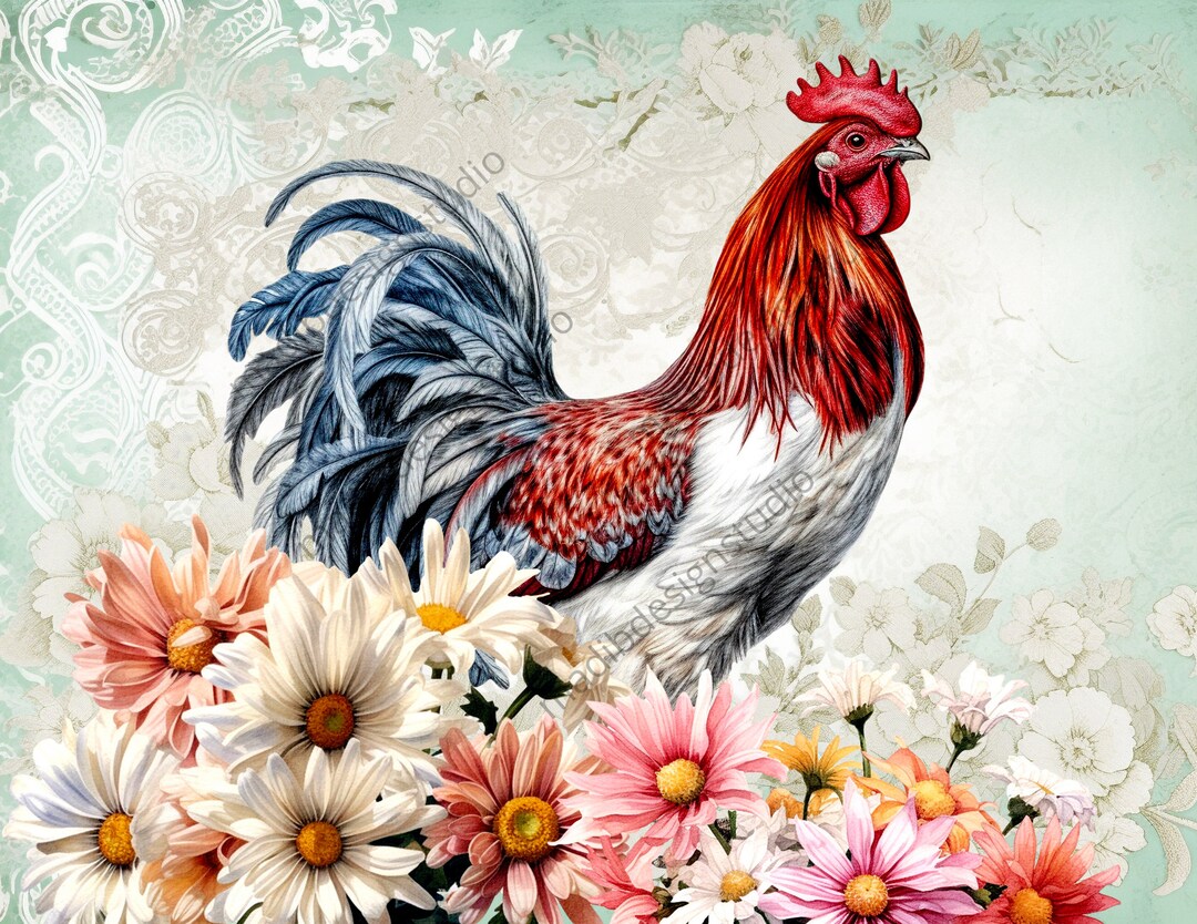 Roosters and Flowers Printable, Chickens, Digital, Roosters Farm ...