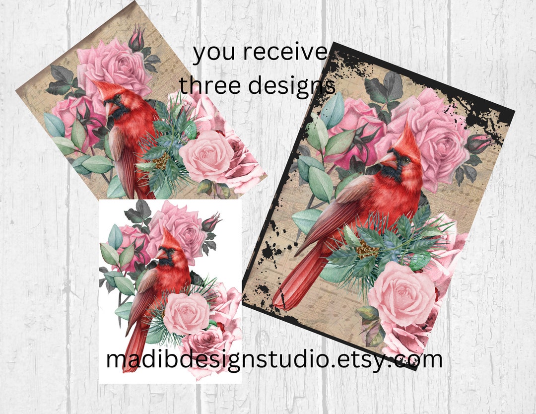 Cardinal Decoupage Paper Printable, Red Bird Png, Cardinal and Roses ...
