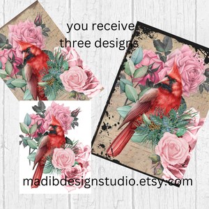 Cardinal Decoupage Paper Printable, Red Bird Png, Cardinal and Roses ...