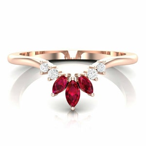 14K Solid Gold Ruby Marquise Band Ring, Minimalist Ruby Wedding Ring, Dainty Ruby Stacking Ring ...