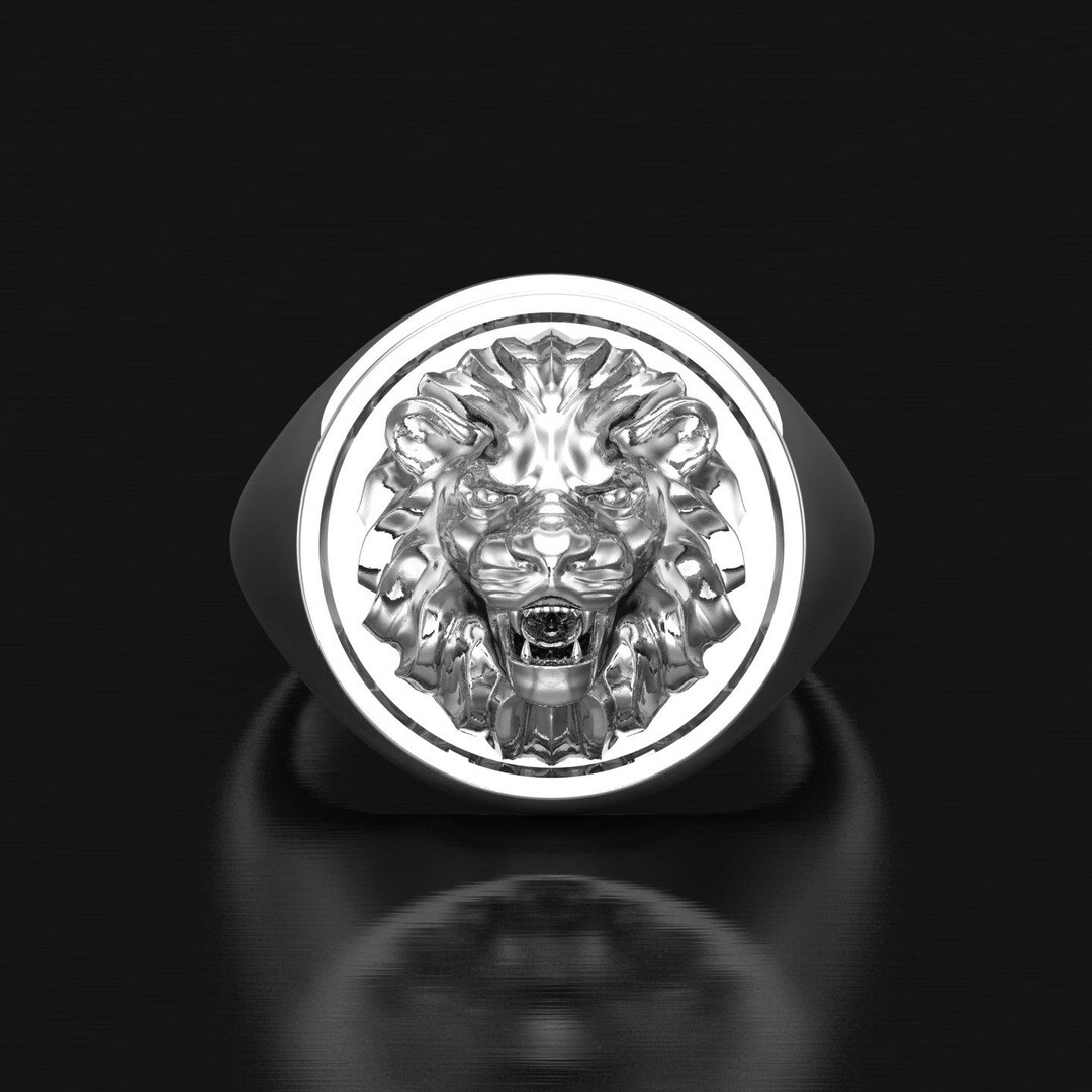 Lion Head 14K Gold Signet Ring Roaring Lion Unique Mens Signet Leo Ring ...