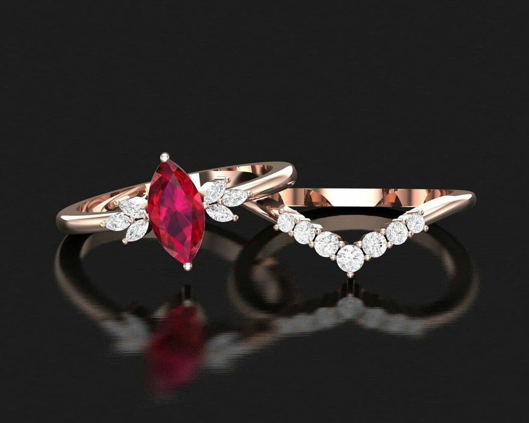 Marquise 14K Solid Gold Ruby Bridal Ring Set | Vintage Bridal Set | 14K Solid Gold Ring | Curved ...
