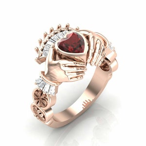 14K Gold Red Garnet Claddagh Ring Antique Bridal Ring Heart Shape Red ...