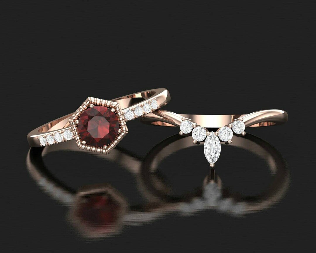 14K Gold Garnet Bridal Ring Set: Vintage Promise Anniversary Ring - Etsy