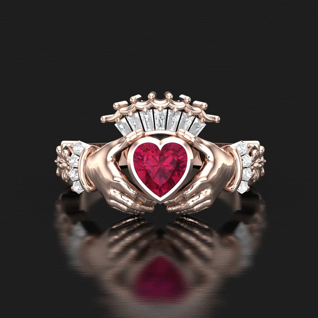 14K Gold Ruby Claddagh Engagement Ring Antique Bridal Pink Gemstone ...