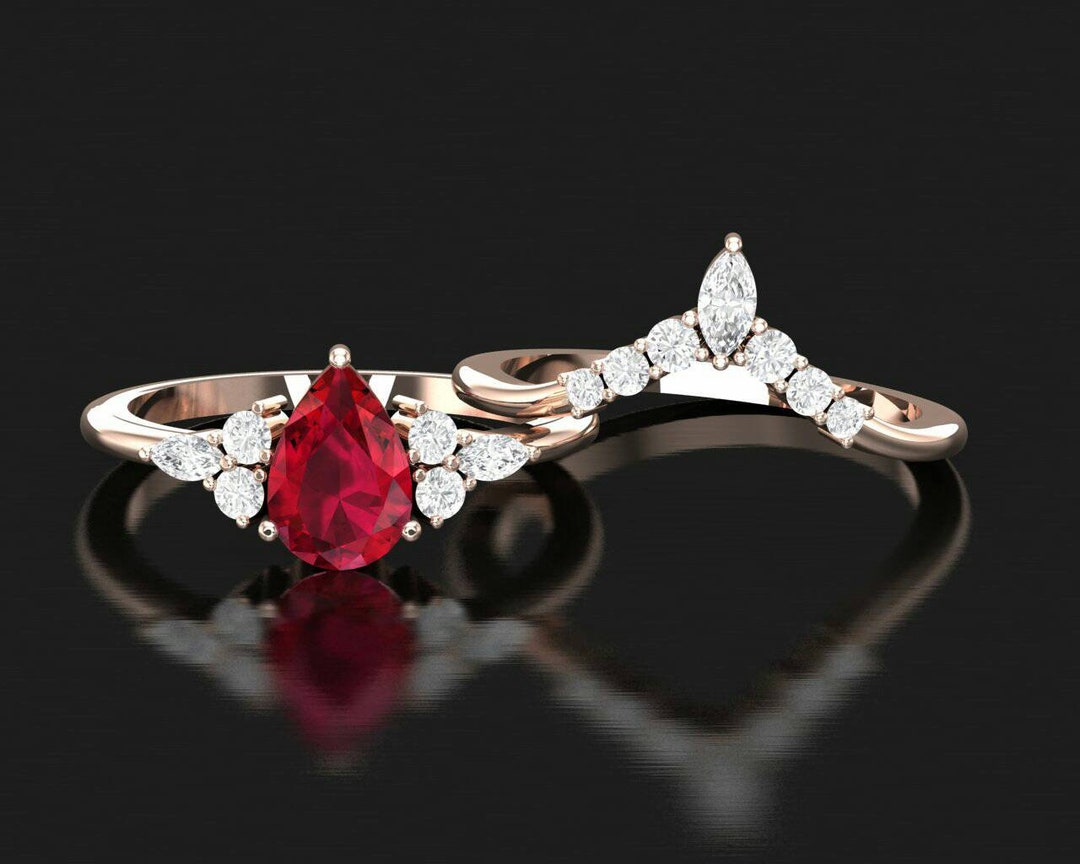 14K Solid Gold Ruby Bridal Ring Set | Vintage Bridal Set | 14K Solid ...