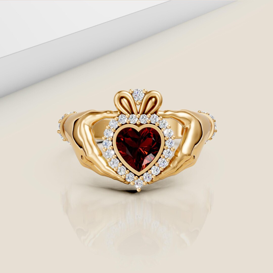 14K Gold Red Garnet Claddagh Ring: Antique Heart Promise Ring - Etsy