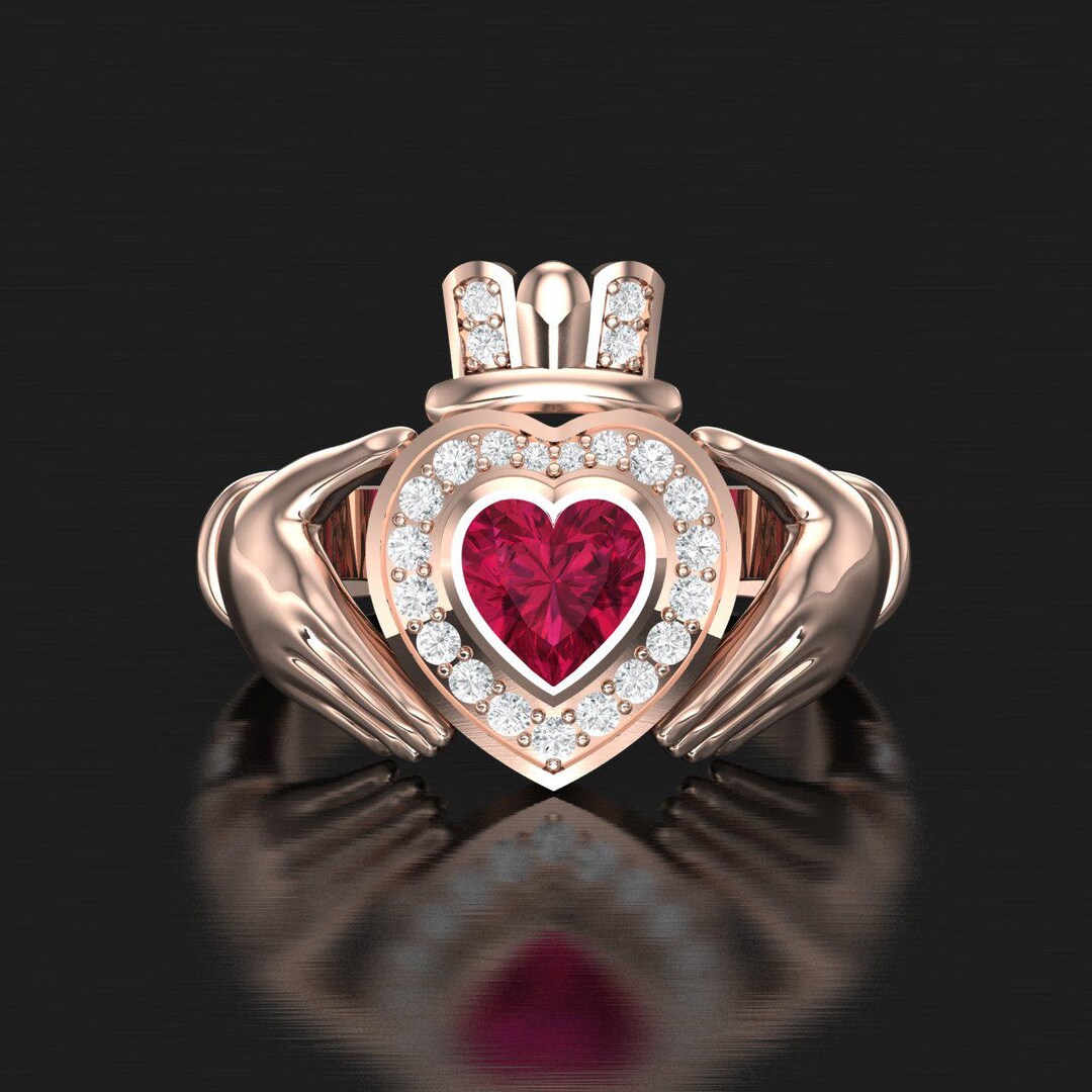14K Gold Ruby Claddagh Engagement Ring Antique Bridal Pink Gemstone ...