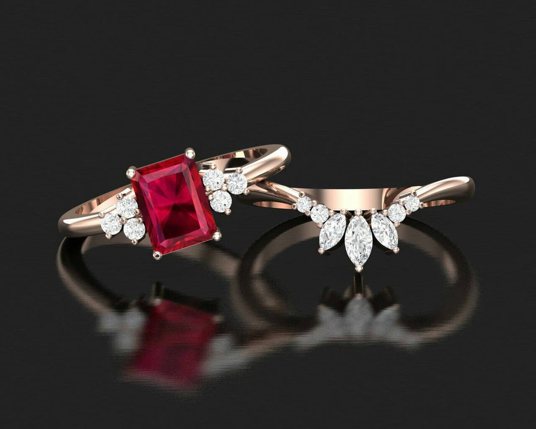 14K Solid Gold Ruby Bridal Ring Set | Vintage Bridal Set | 14K Solid ...