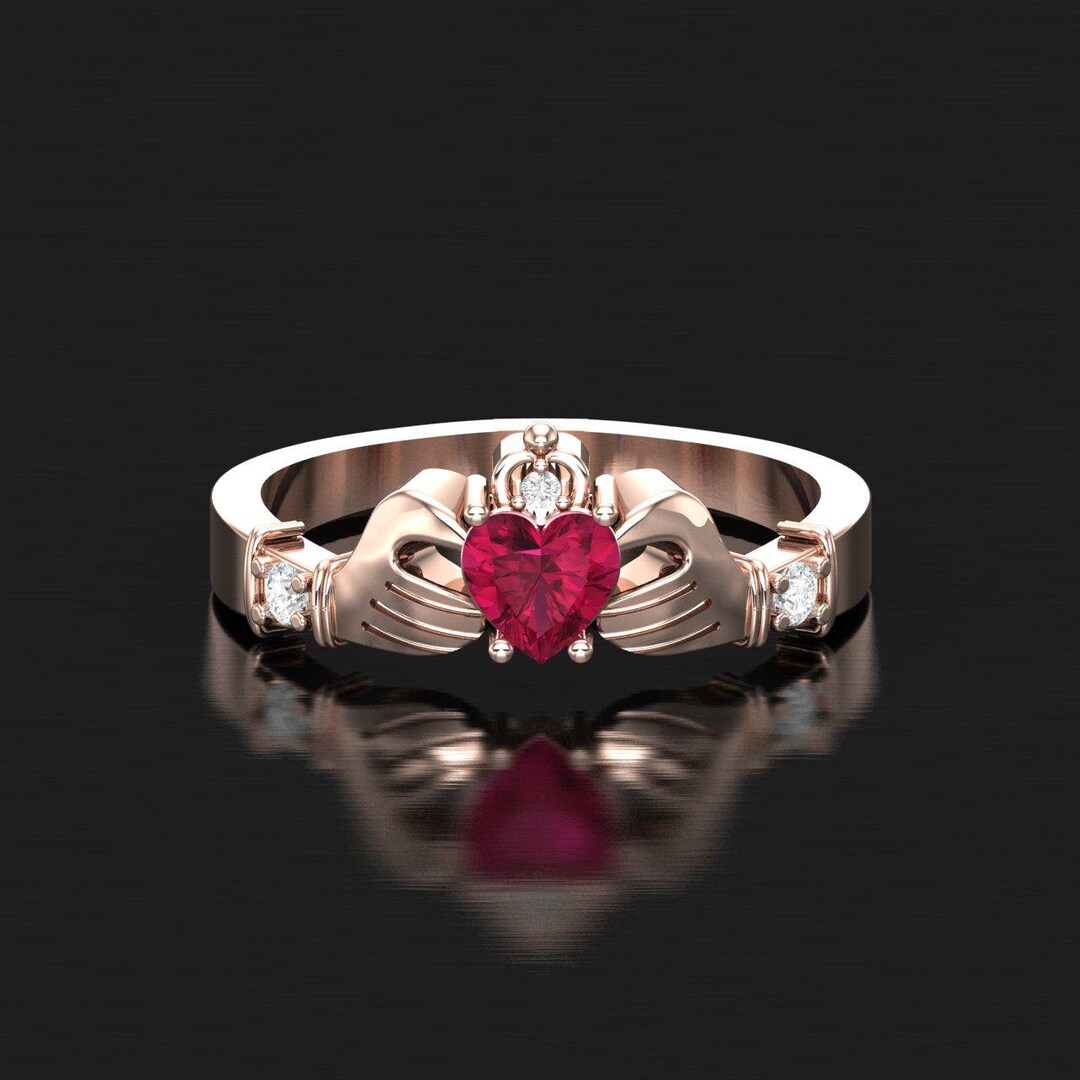 14K Gold Ruby Claddagh Engagement Ring Antique Bridal Pink Gemstone ...