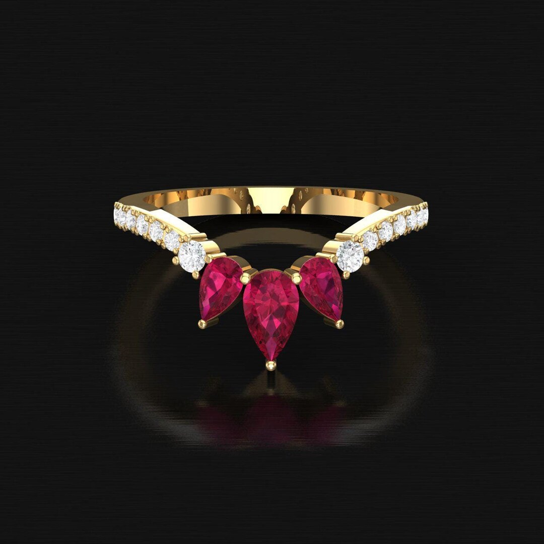 14K Solid Gold Ruby Curved Wedding Band, Minimalist Ruby Engagement Ring, Dainty Stacking Band ...