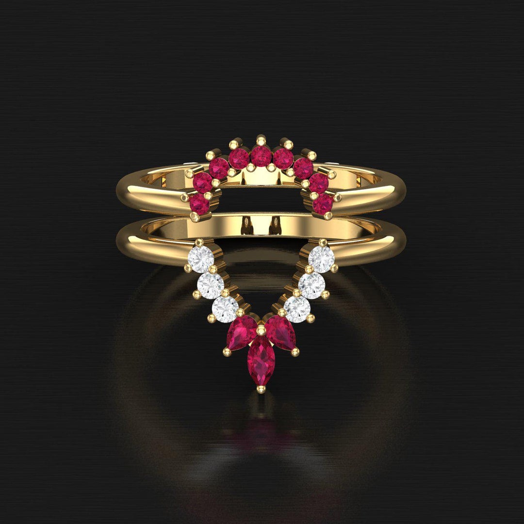 14K Solid Gold Ruby Enhancer Double Curved Wedding Band Minimalist ...