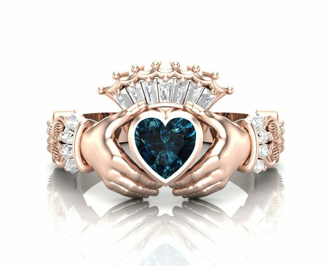 14K Gold London Blue Topaz Claddagh Ring Antique Natural Blue Topaz ...