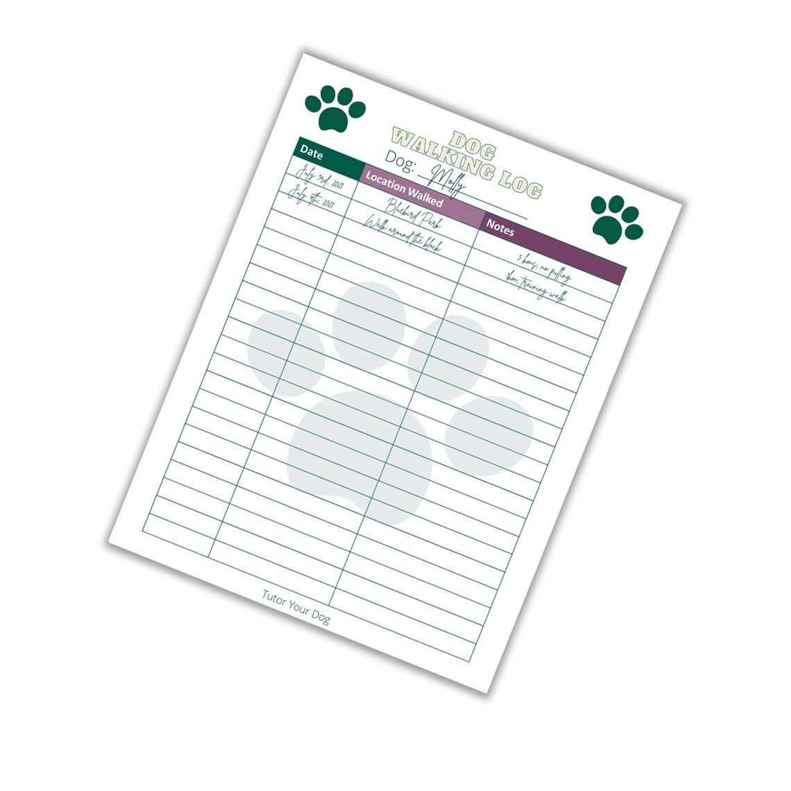 Printable Dog Walking Log Dog Walking Schedule Pet Walking Tracker Dog ...